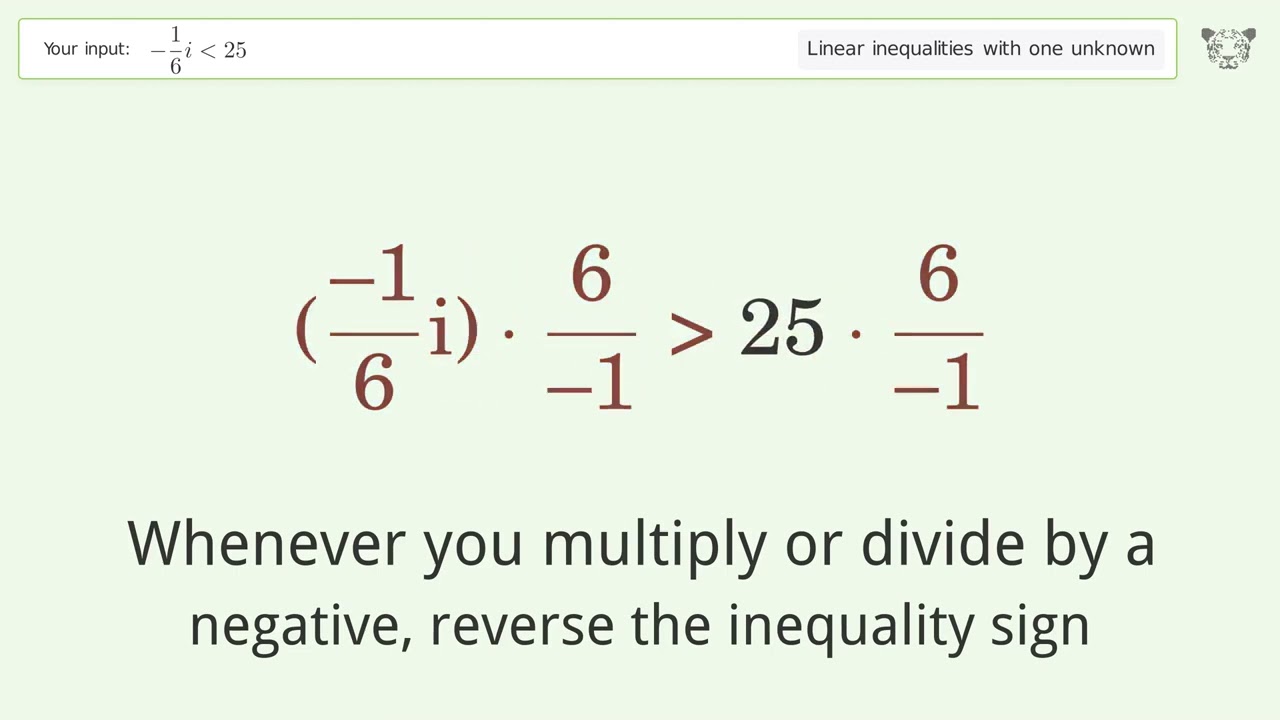 -1/6i less than 25 - Solve linear inequalities with one unknown