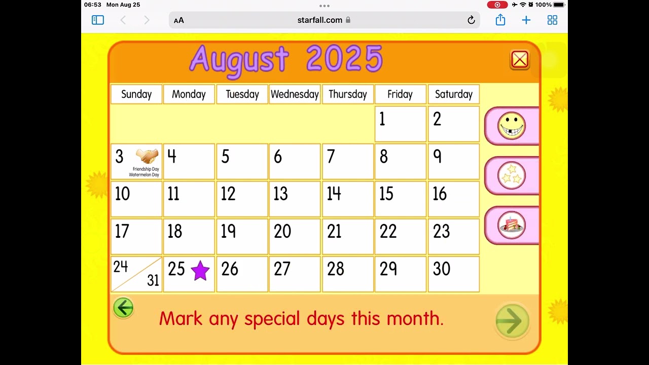 Starfall Daily Calendar - August 25, 2025