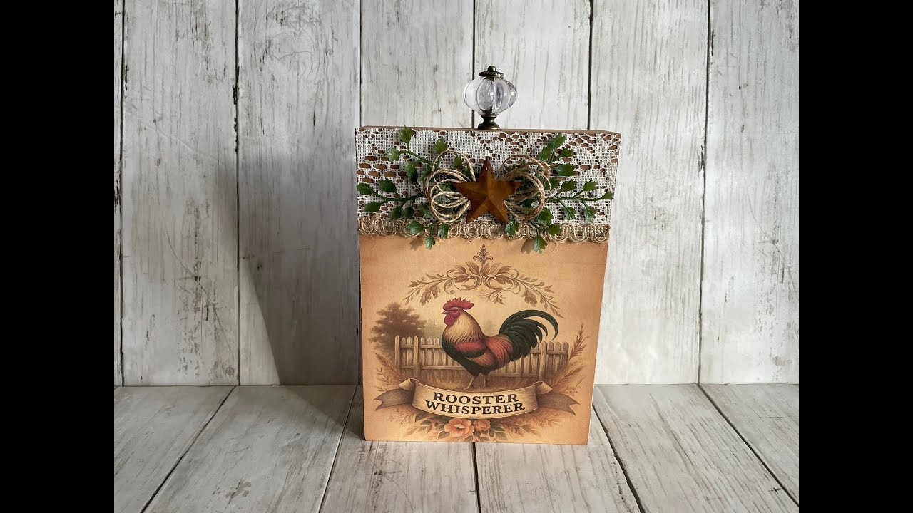 Rooster and lace on a thrift store sign repurpose!