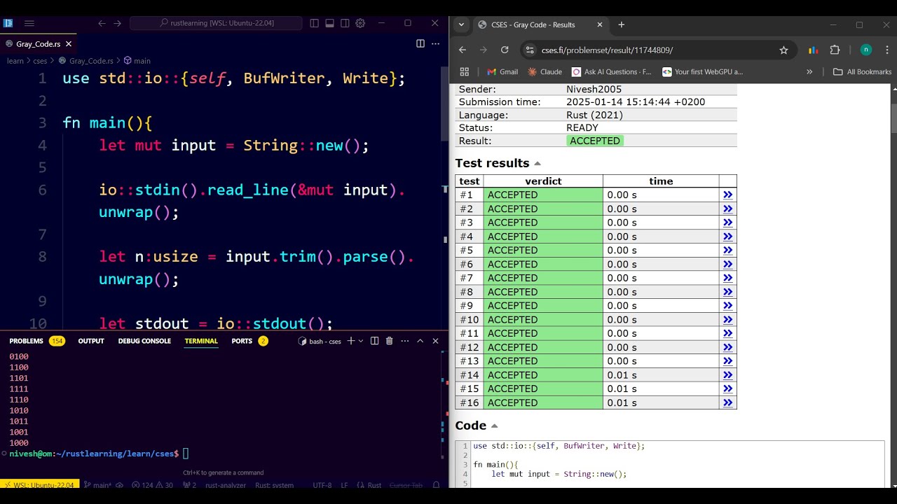 Day 6 of coding in rust | CSES Gray Code | Rust Coding Challenge|– Silent Code with Music 🎶