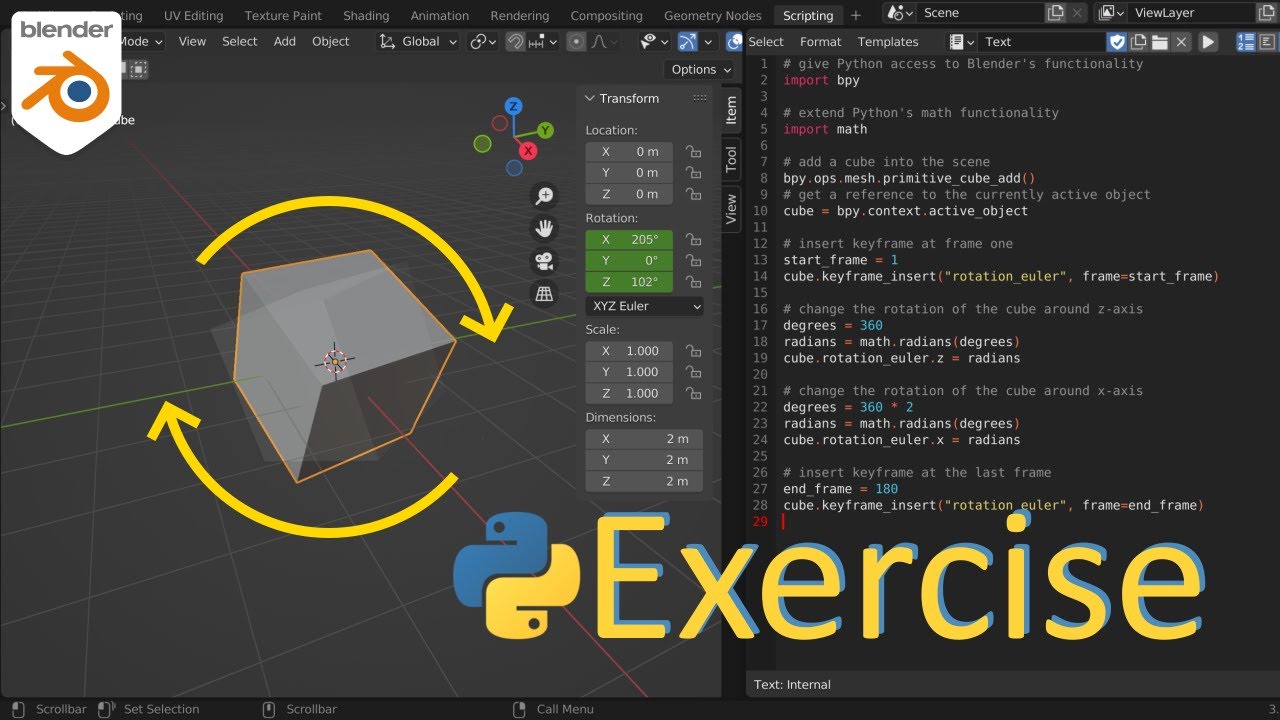 Beginner Blender Python Exercise: Easy cube rotation animation