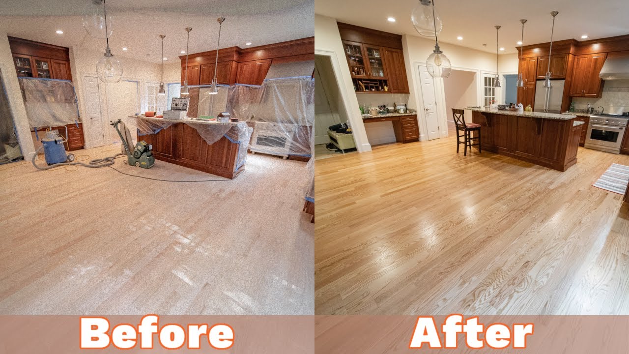 Before/After of refinished white oak hardwood floor. #wood #floor #repair #shortsfeed #reels #fy