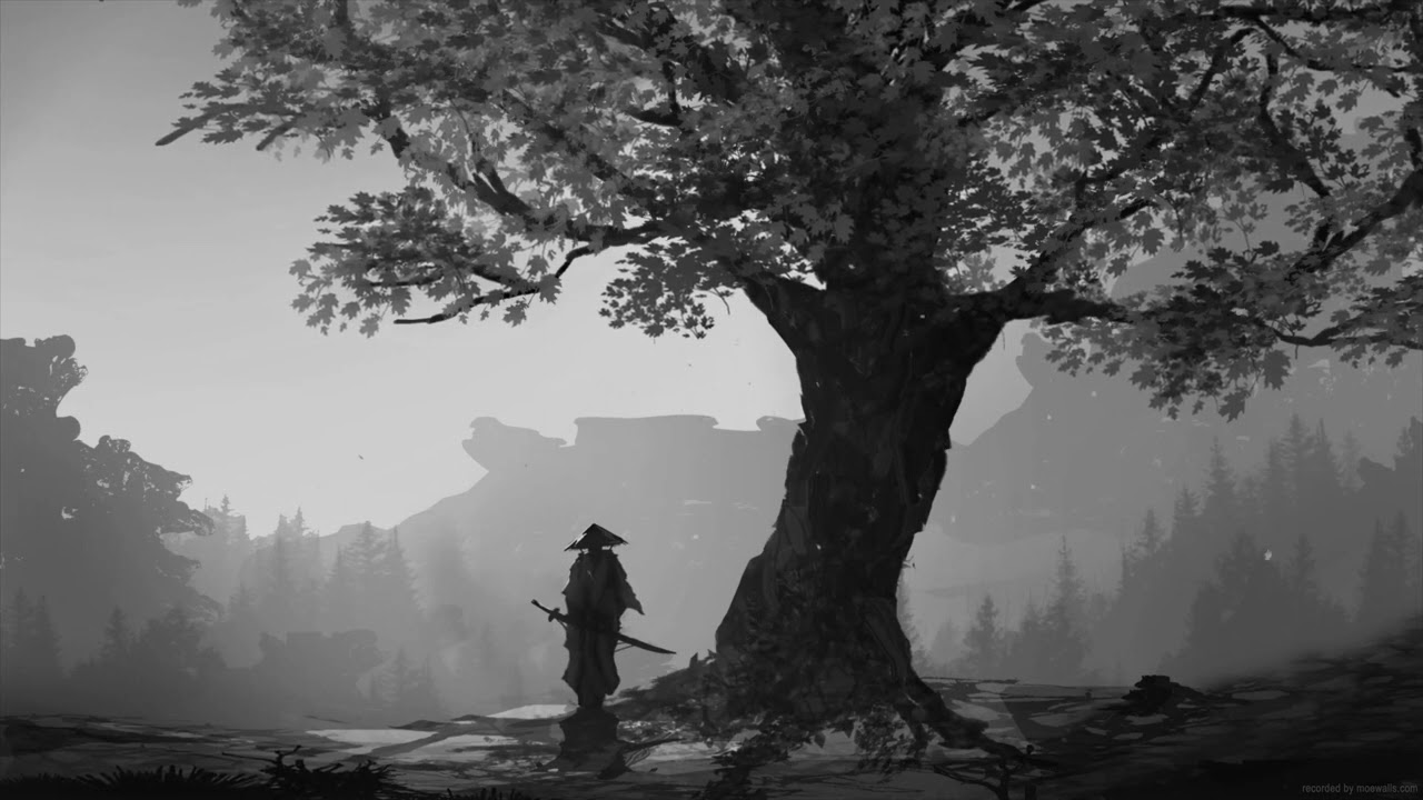 Lonely Samurai Autumn Tree Monochrome Live Wallpaper