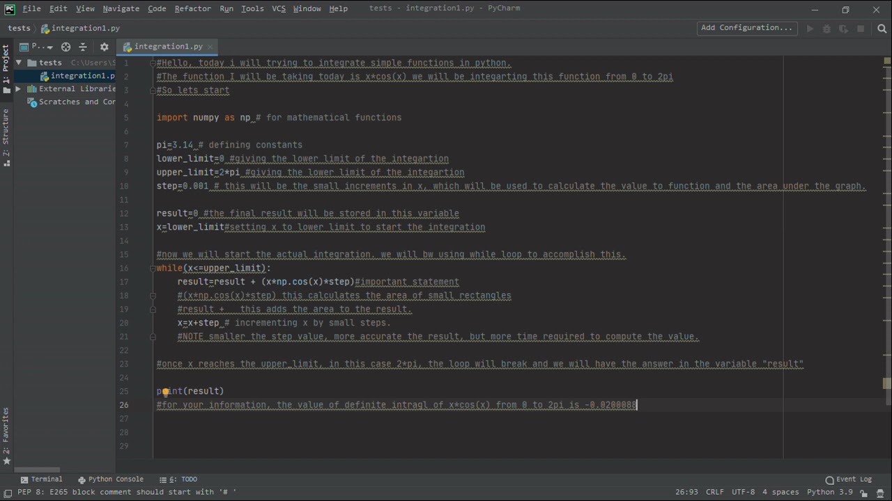 Definite Integral in Python x*cos(x)