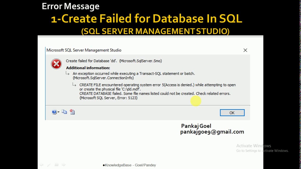 1- Error Message Create Failed Database in SQL