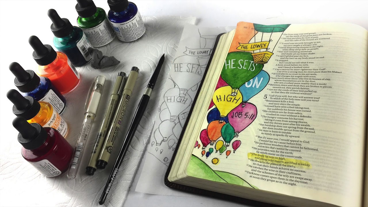 Bible Journaling Job 5:11- The Lowly Set on High, Hot Air Balloons