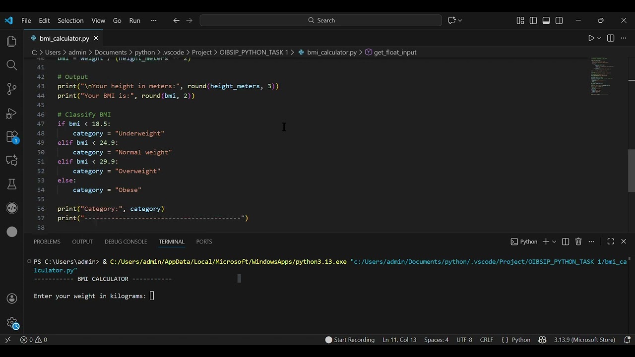 OIBSIP Python Task 1 - BMI Calculator | Oasis Infobyte Internship Project | Python Beginner project