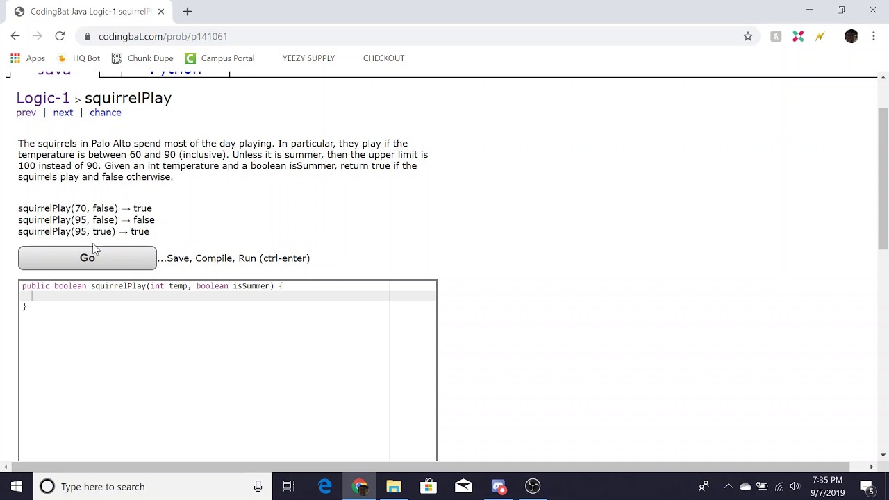 Logic-1 (Squirrel Play) Java Tutorial || Codingbat.com