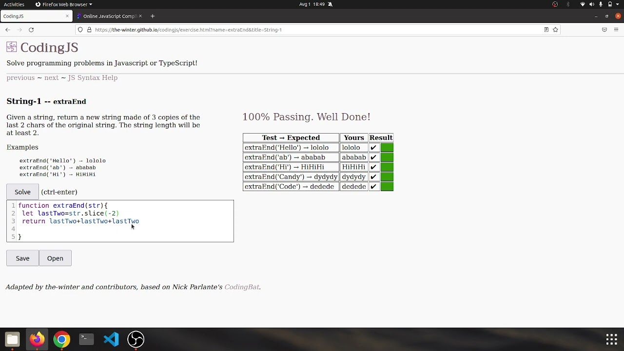 String 1 extraEnd Javascript solution