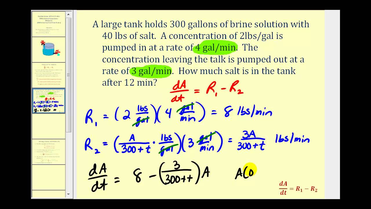 Applications of First Order Differential Equations - Mixing Concentrations 2