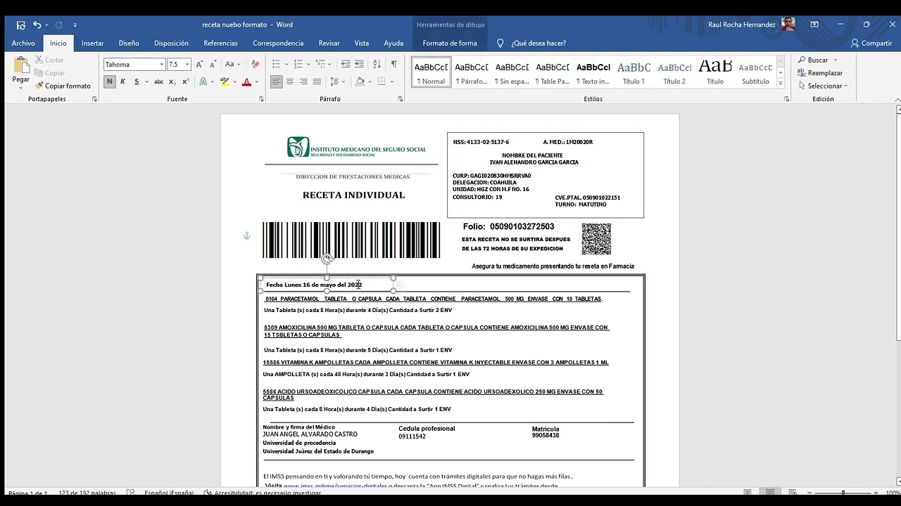 RECETA IMSS NUEVO FORMATO EDITABLE   Word 2022 05 17 08 00 04