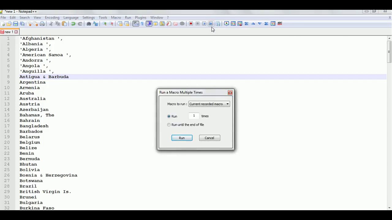 Excel to PHP array using notepad++