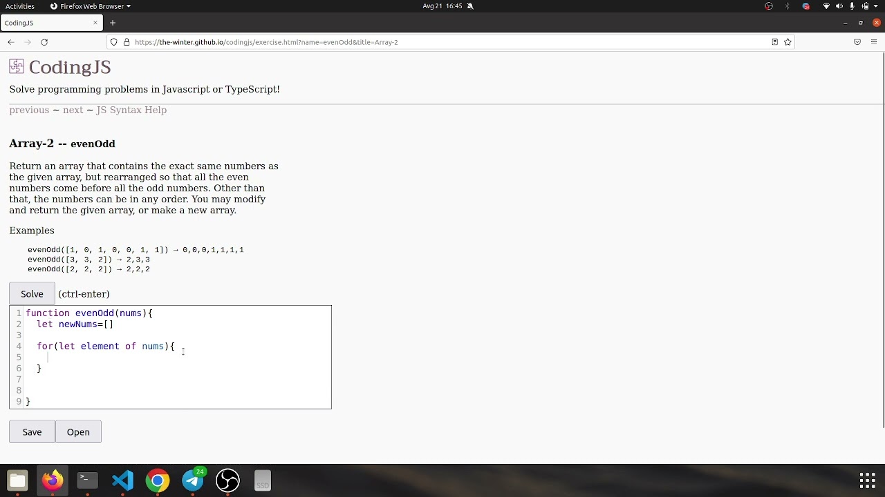 CodingJS (Codingbat) Array-2 --evenOdd Javascript solution