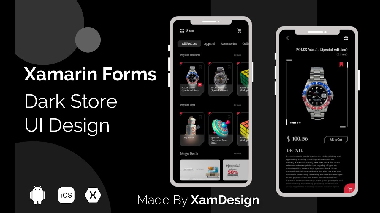 XamDesign Xamarin Forms Dark Store UI Design (GitHub Code)