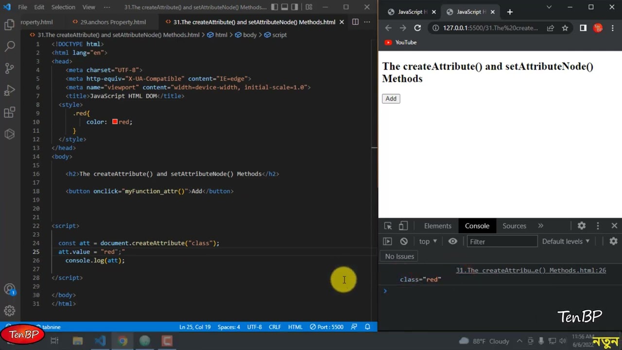 CreateAttribute() and SetAttributeNode() Methods in Javascript html dom | Part - 65