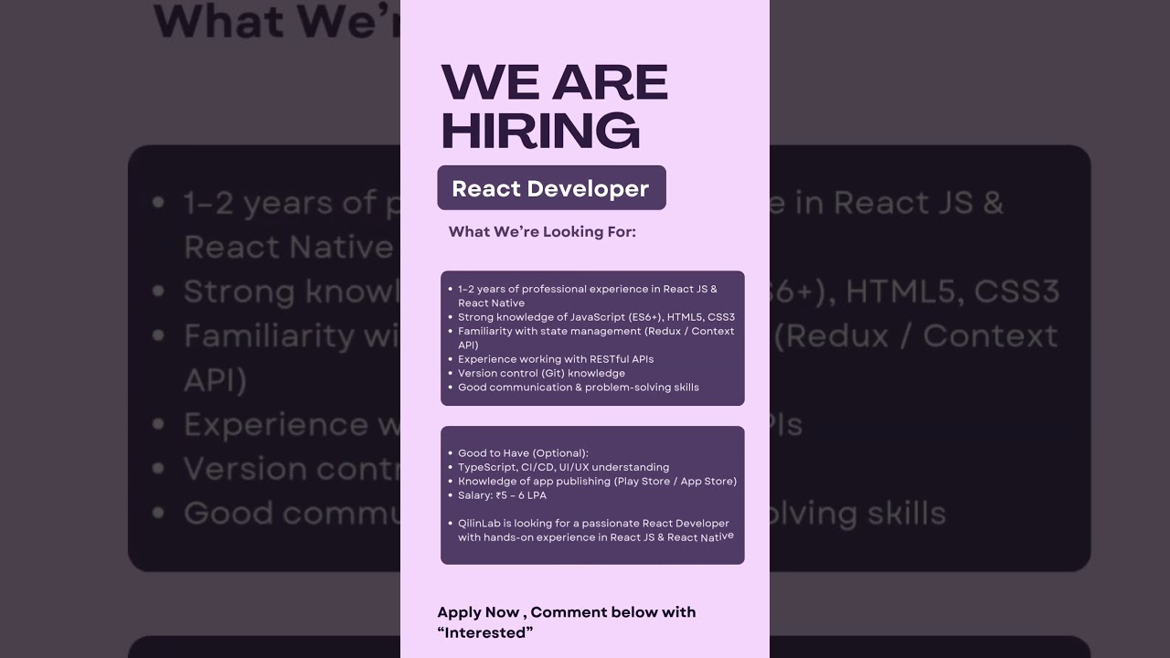 🔥React Developer Job Opening in Bangalore |React JS & React Native QilinLab Hiring #short #techjobs