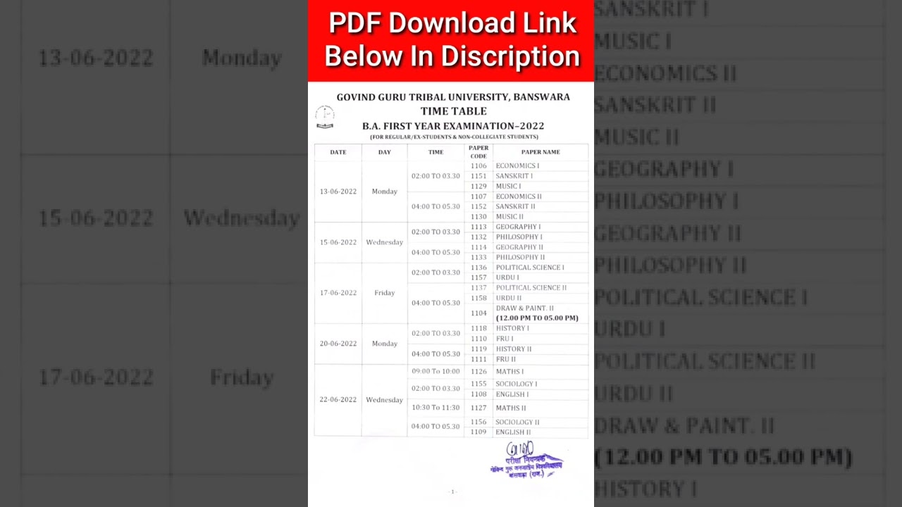GGTU B.A 1st Year Time Table 2022 Download PDF #ggtu #ggtufirstyeartimetable #ggtutimetable