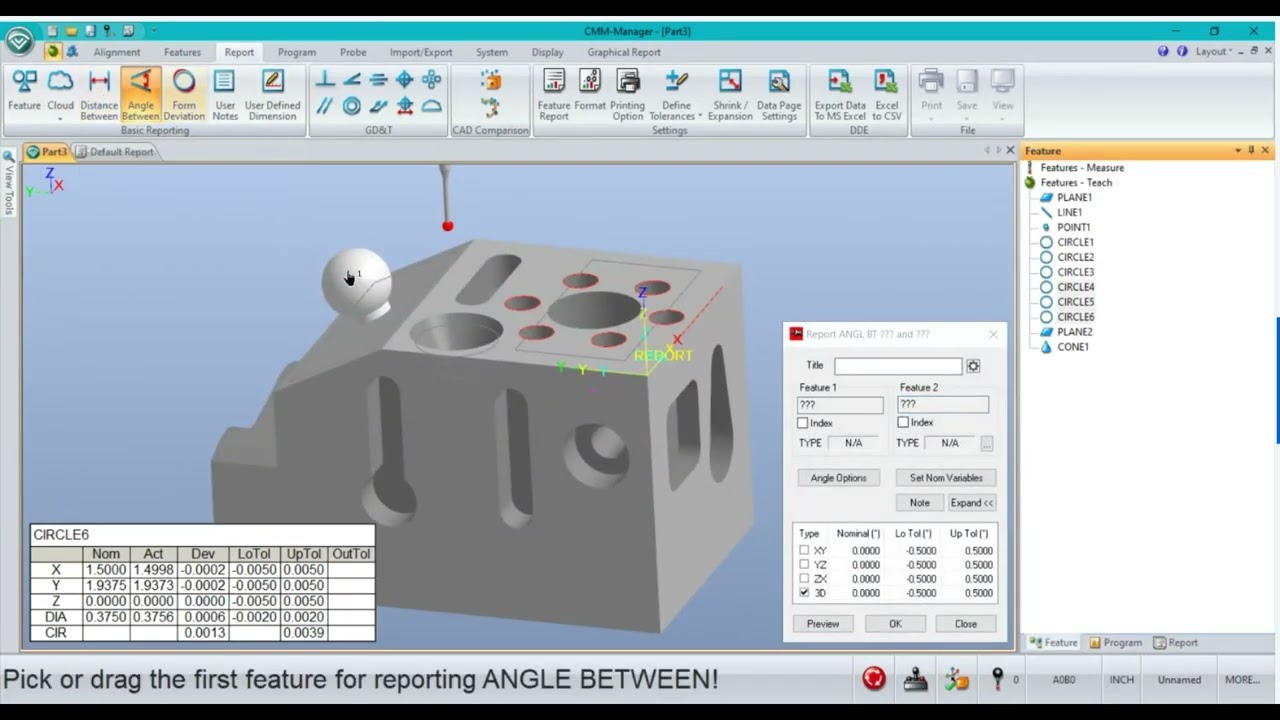 CMM Manager select features for reporting constructing alignment