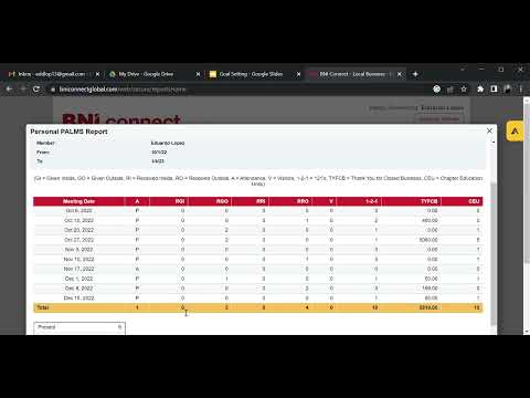 BNI Connect Local Business Global Network- Personal PALMS Report