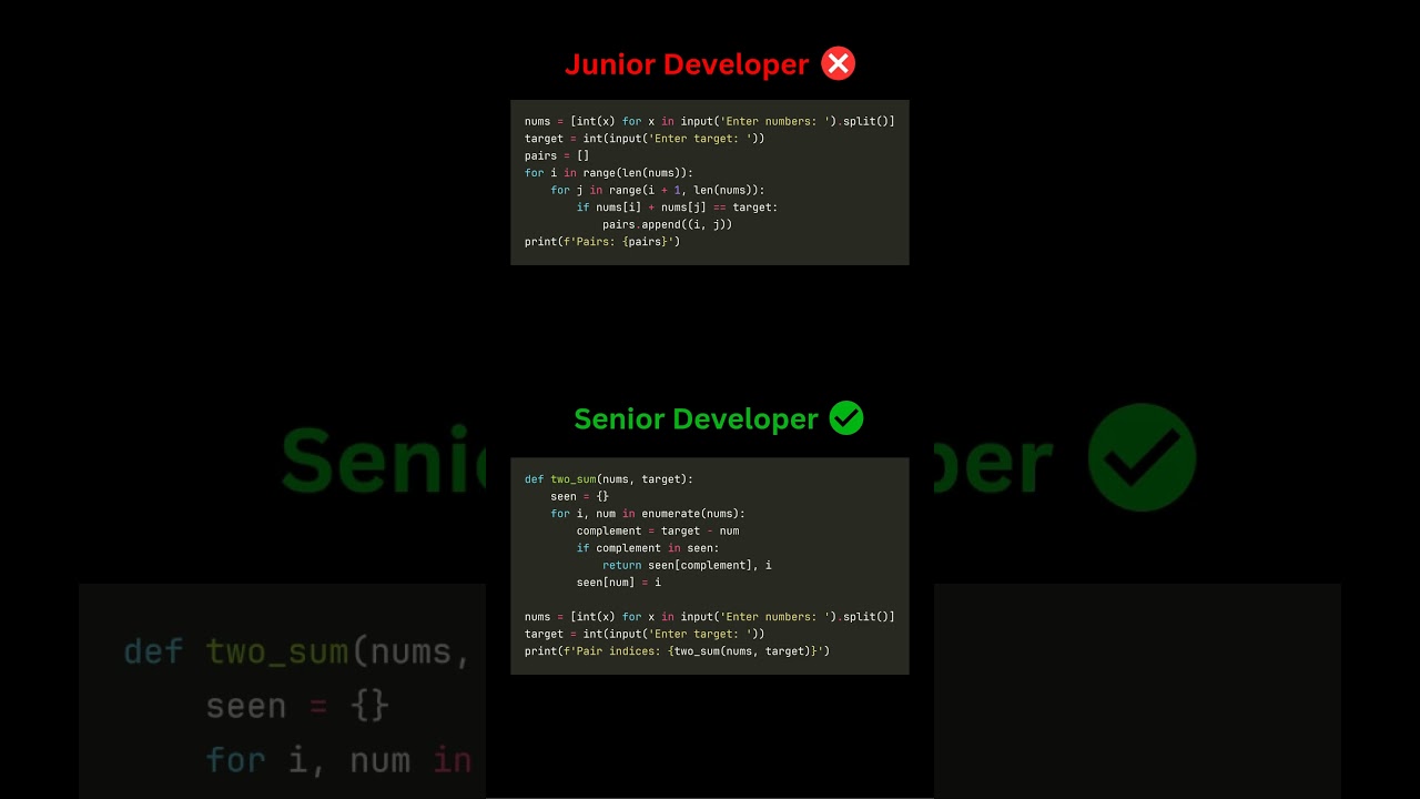 Python Junior Developer vs Senior Developer: Two-Sum Problem #DeveloperComparison