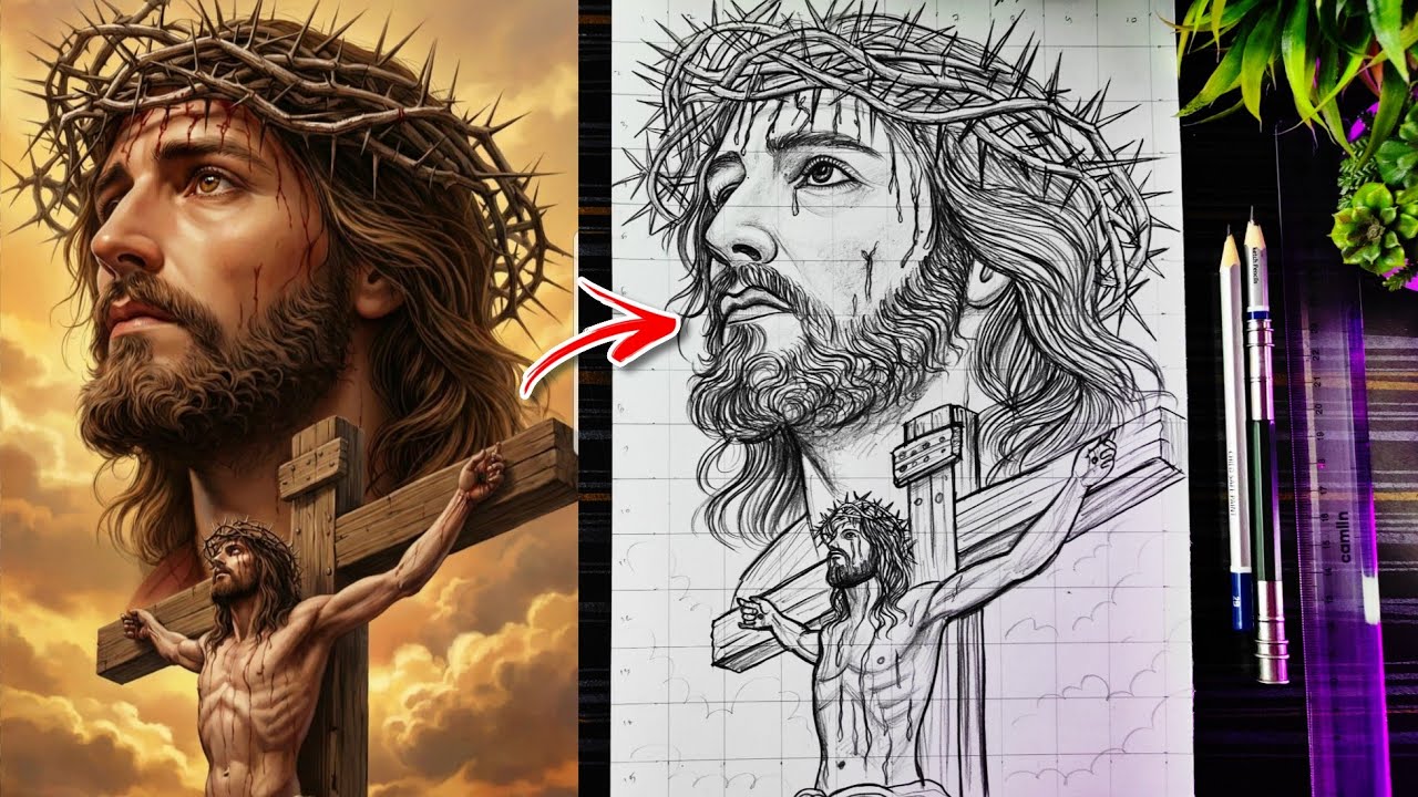 Lord Jesus Drawing, How To Draw Jesus Christ On the Cross, Christmas Drawing, Step By Step Tutorial