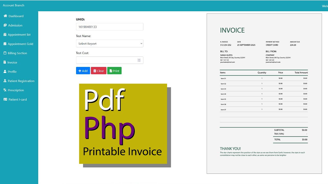 generate Printable PDF Invoice Using html css PHP MySQL laboratory billing system
