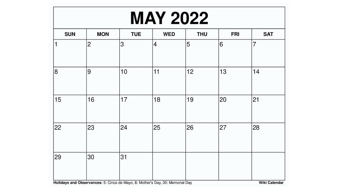 Printable May 2022 Calendar Templates with Holidays - Wiki Calendar