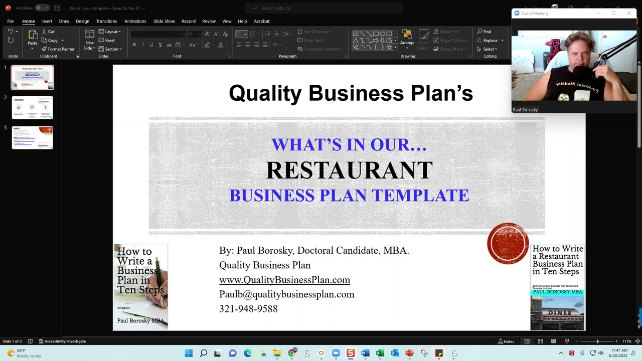 What’s in our RESTAURANT Business Plan Template by Paul Borosky, MBA.