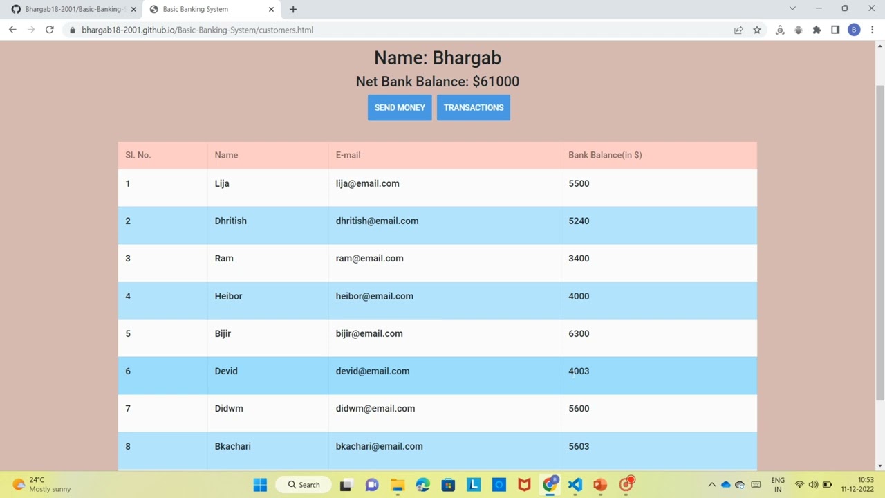 Task 1 | Basic Banking System | The Sparks Foundation Web Development Internship | #GRIPDEC22