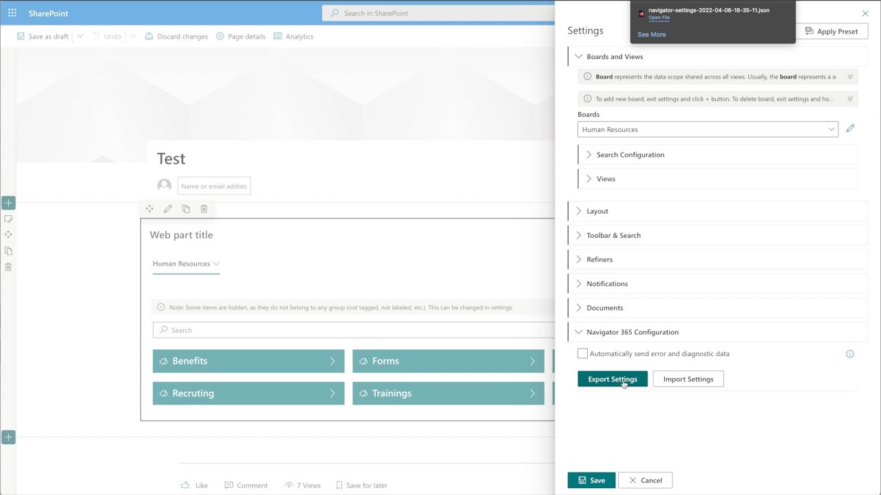 Export / Import Settings in Navigator 365 for SharePoint & Teams