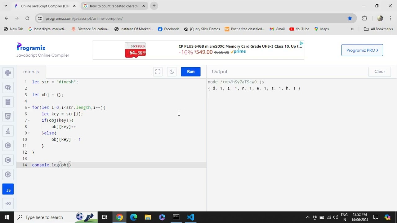 how to count repeated characters in a string javascript