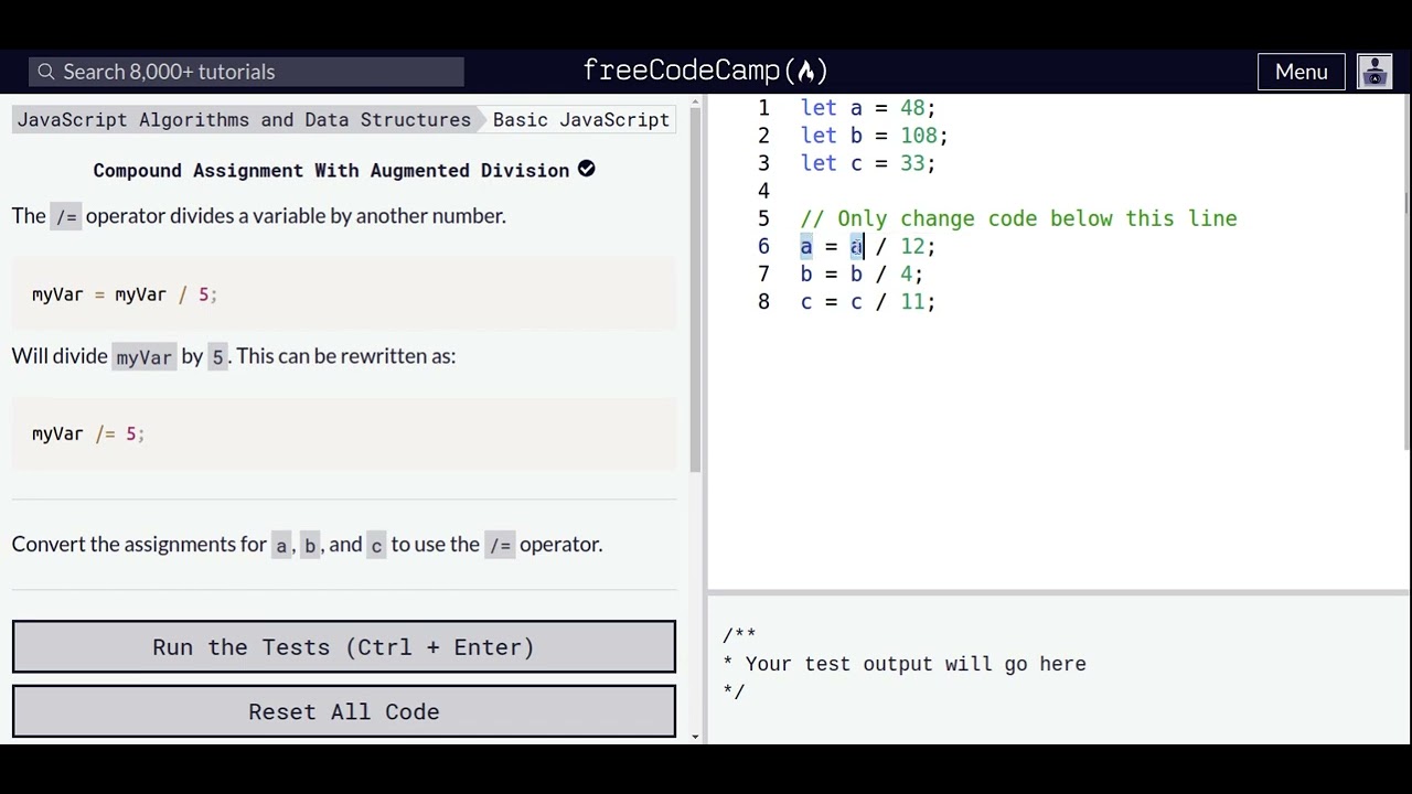 Lesson 24 | Basic JavaScript | Compound Assignment With Augmented Division