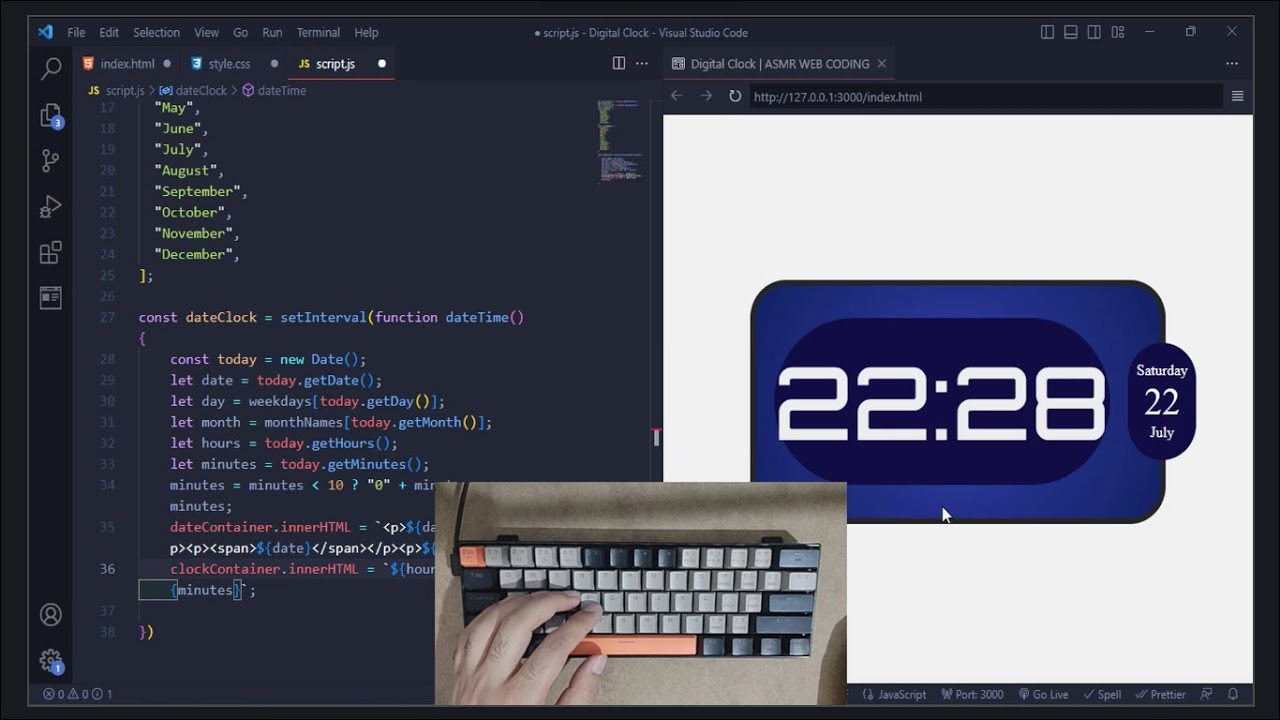 ASMR Programming - Digital Clock real-time Date and Clock using JavaScript - No Talking