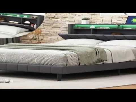 140*200CM Double bed,Storage bedside with charging USB and LED lighting Linen model , Gray ,No mattr