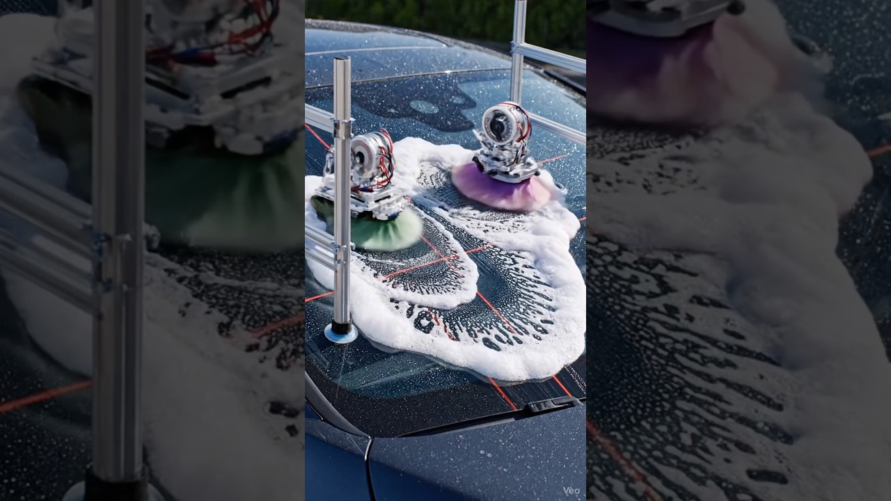 tiny dumb robots cleaning windshield  #robots #veo3 #ai
