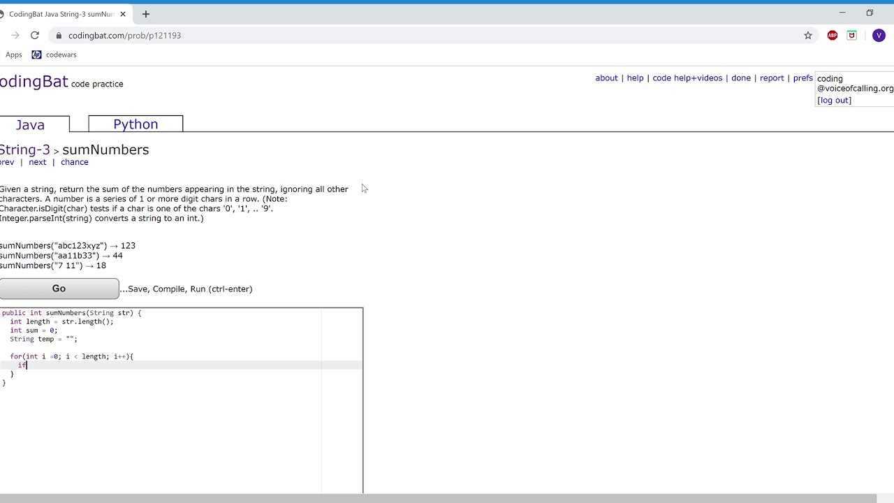 String 3(sumNumbers) Java Tutorial || codingbat.com