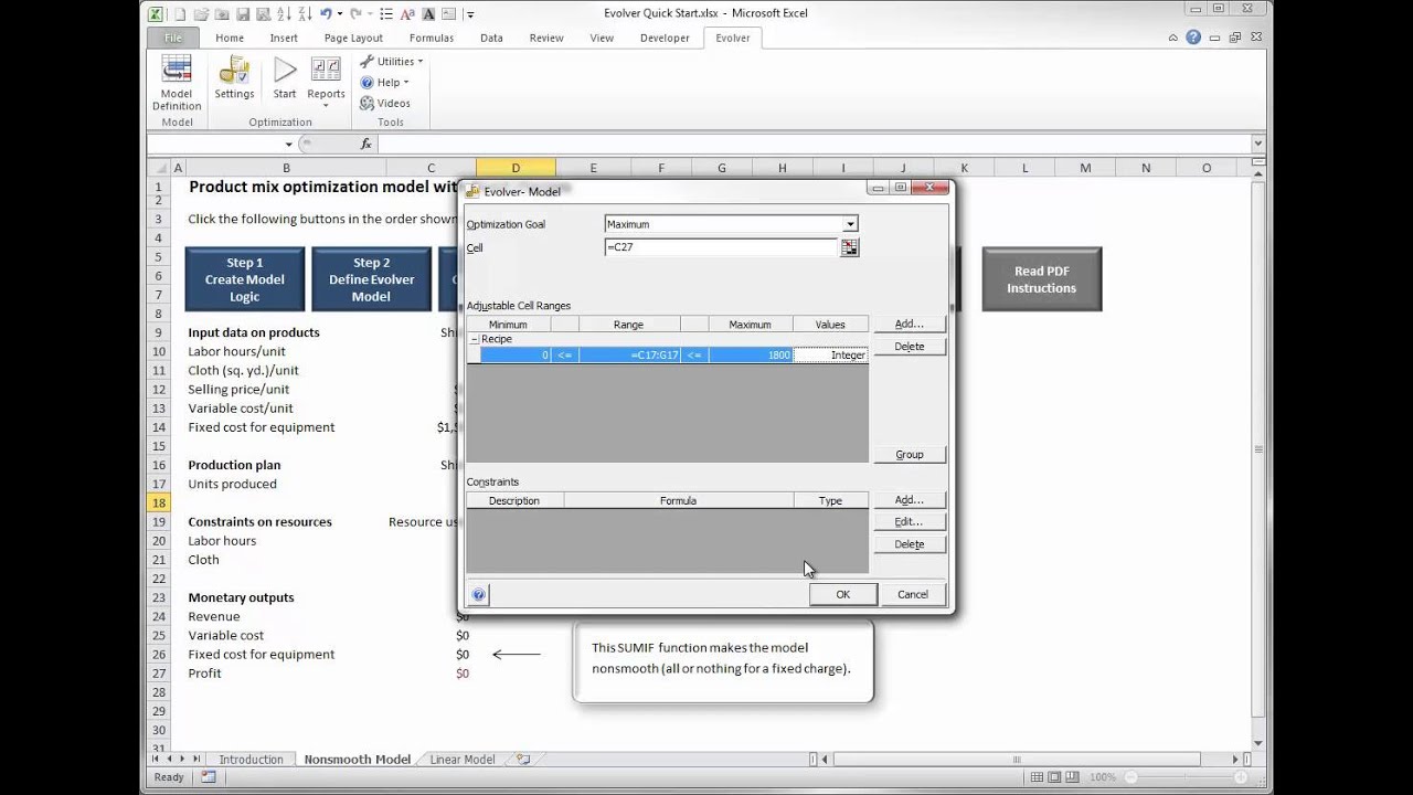 Evolver Quick Start - Step 2: Define Evolver Model