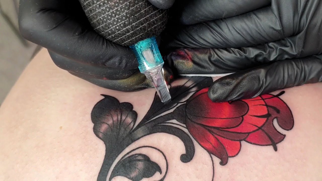 Red Neotraditional Flower Tattoo Timelapse