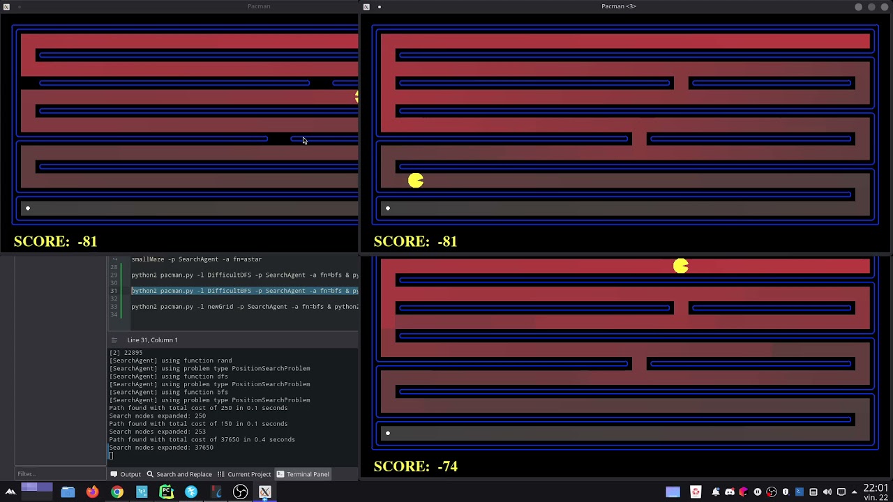 Pacman BFS DFS and Random search alg. visualization