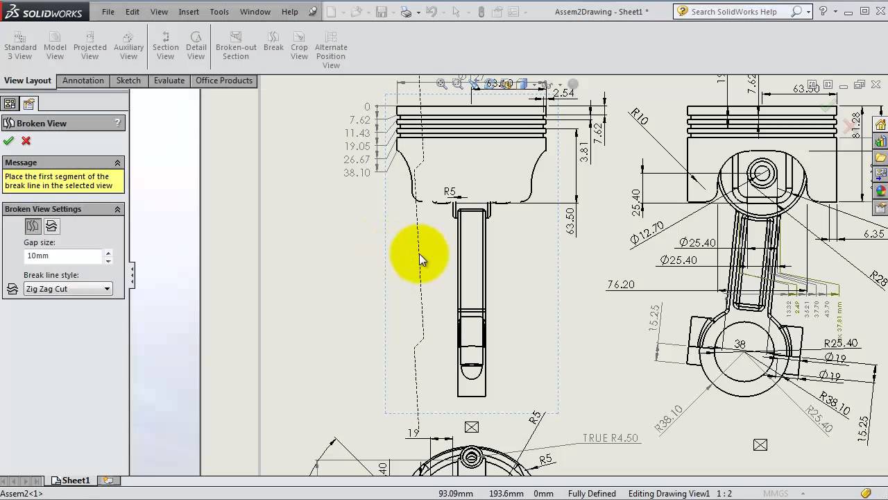 144 SolidWorks Drawing Tutorial: Break view