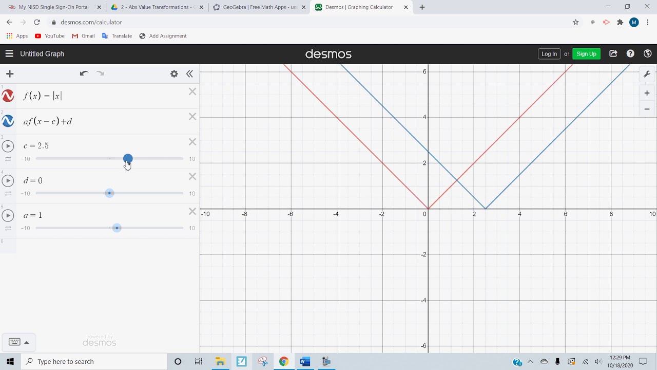 Transformations of Absolute Value Parent Function - Desmos Visuals
