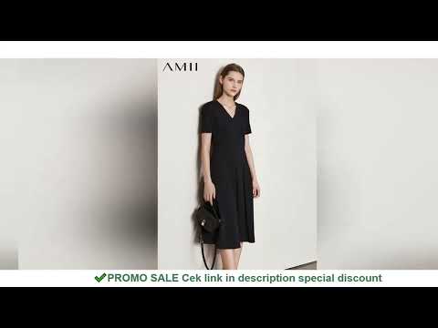 Amii Minimalist Spring Women's Dress Fashion Vneck Solid Dresses Slim Casual Dress For Women Lady Ve