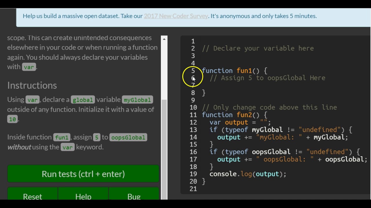 Global Scope and Function, freeCodeCamp Basic Javascript