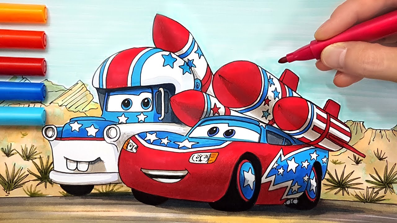 Draw Mater The Greater & Daredevil Lightning McQueen | Cars 4 kids drawing coloring pages
