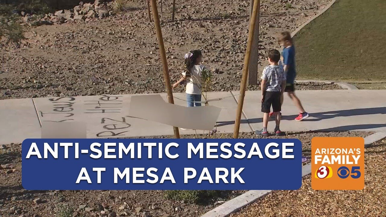Anti-Semitic message, swastika spay painted on sidewalk at Mesa park