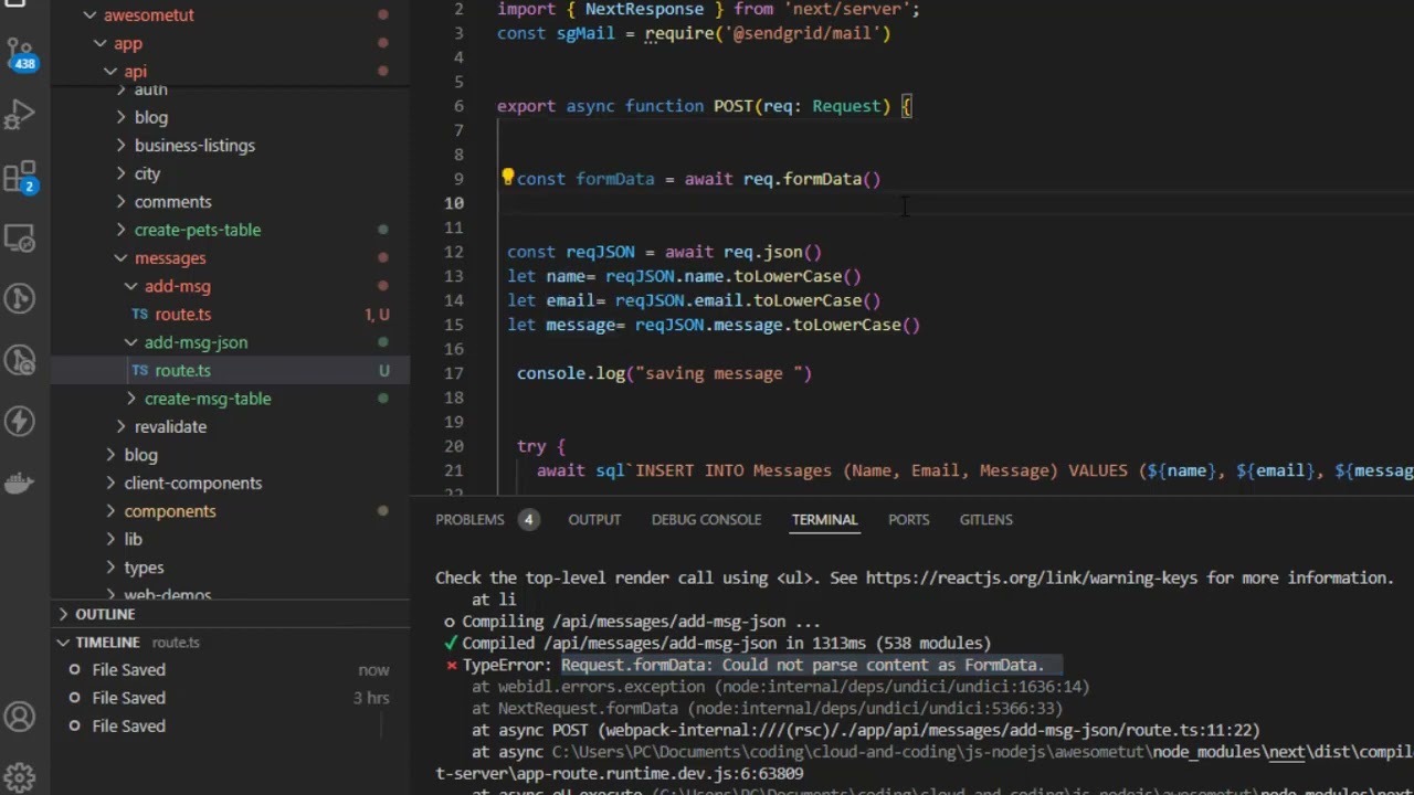 Nextjs api error  - Request formData | Could not parse content as FormData