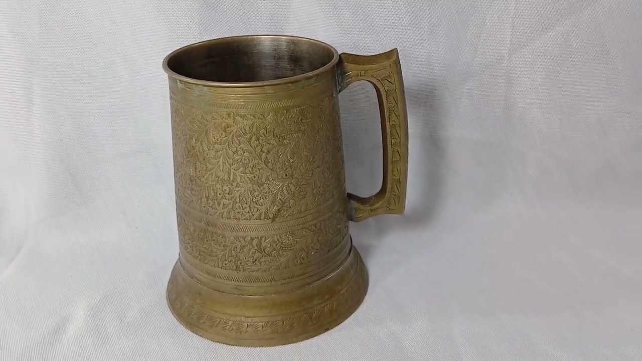 Vintage Brass Metal Etched Flowers Golden Stein Mug
