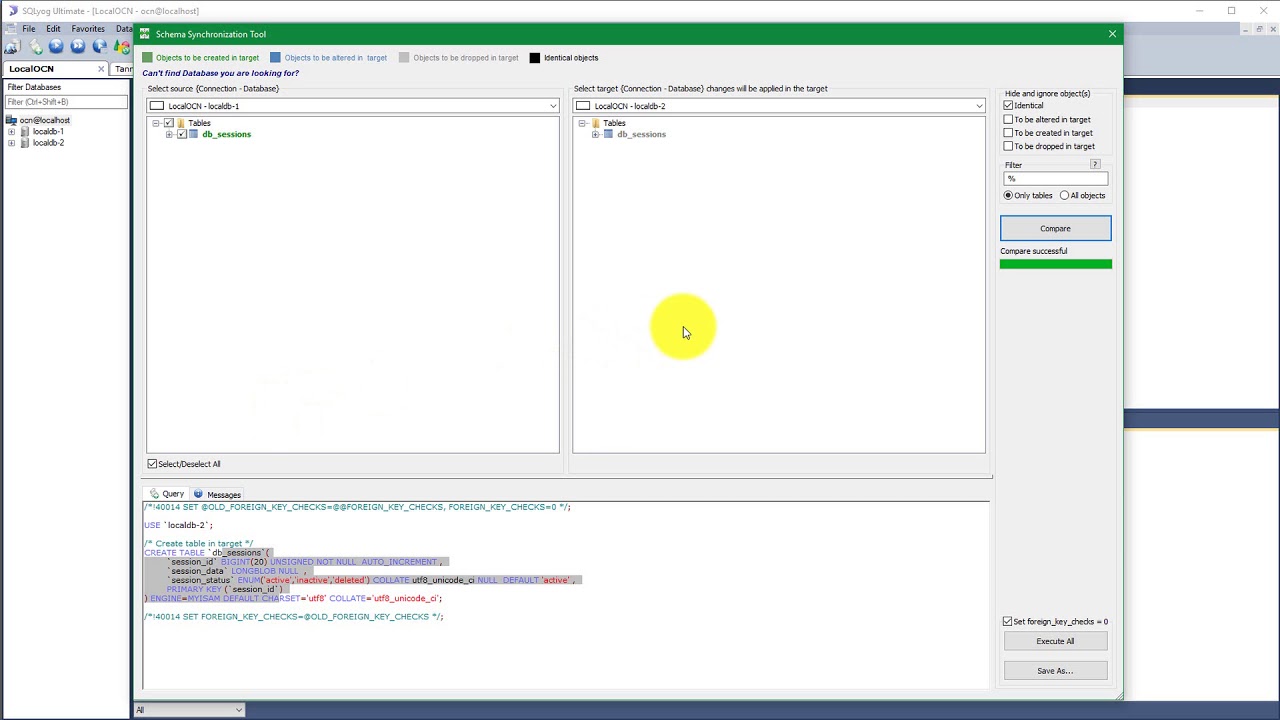 Compare and find changes or updates in two MySQL databases using SQLYog