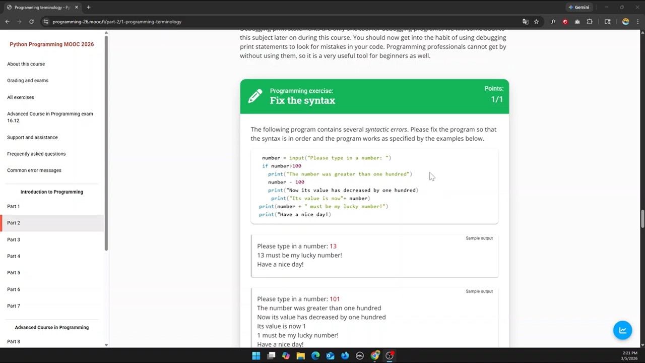 Python Programming MOOC 2026 - Part 2.1.2 Programming Terminology Exercises