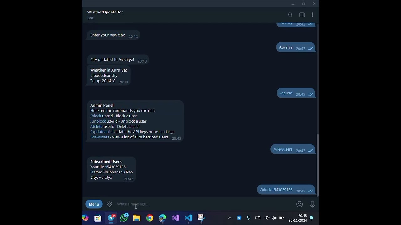 Telegram Weather update bot using nodejs || Telegram bot for getting user info and weather details
